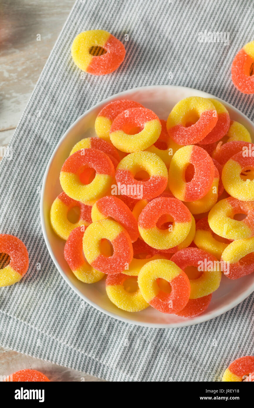 Sweet Sugary Peach Gummy Candy Rings Ready to Eat Stock Photo - Alamy