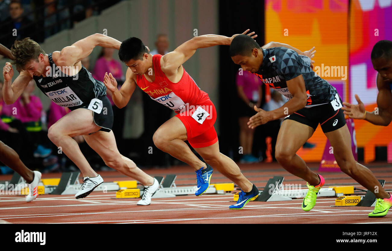 London, Britain. 4th Aug, 2017. Su Bingtian (C) of China sprints during ...