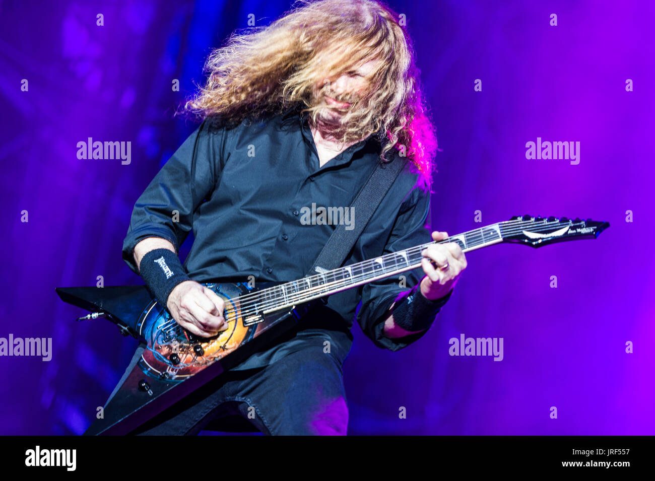 Dave Mustaine, guitarrist and singer of US metal band Megadeth, playing ...