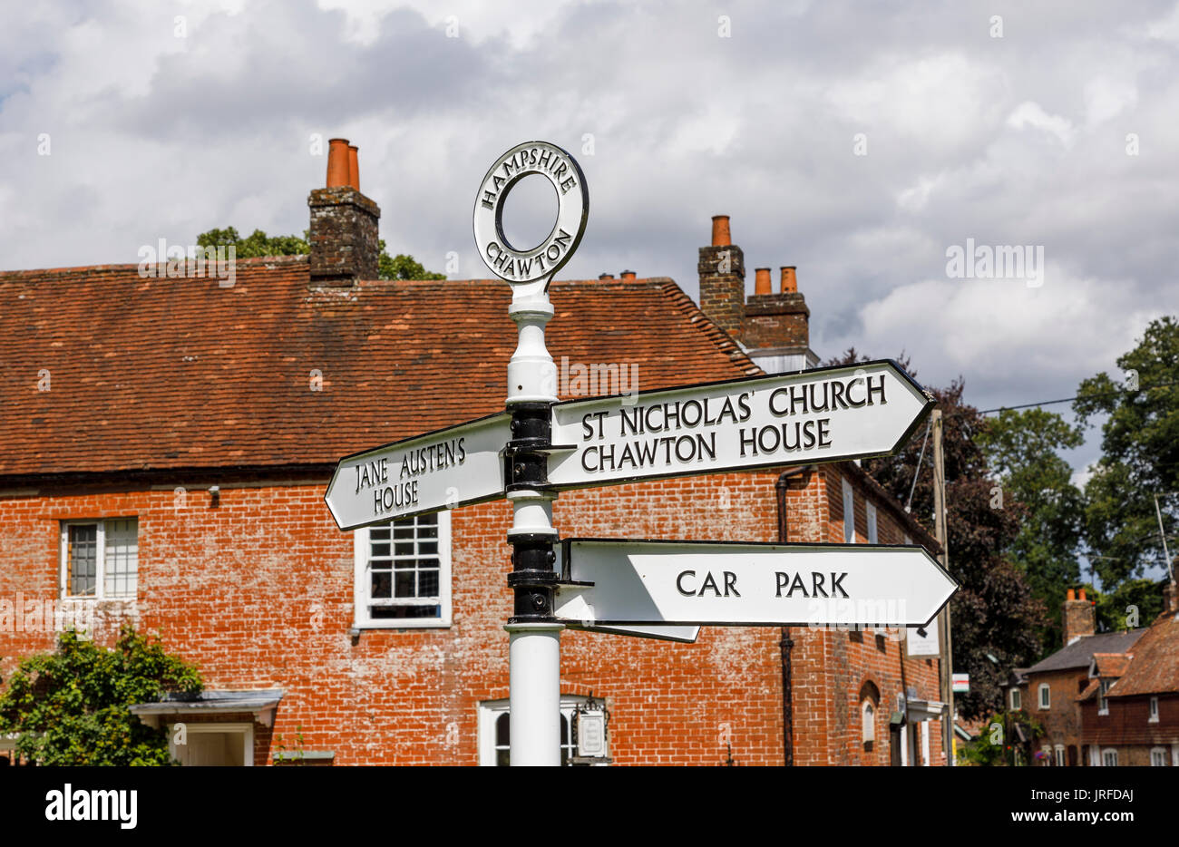 Traditional old-fashioned signpost in front of Jane Austen's House ...