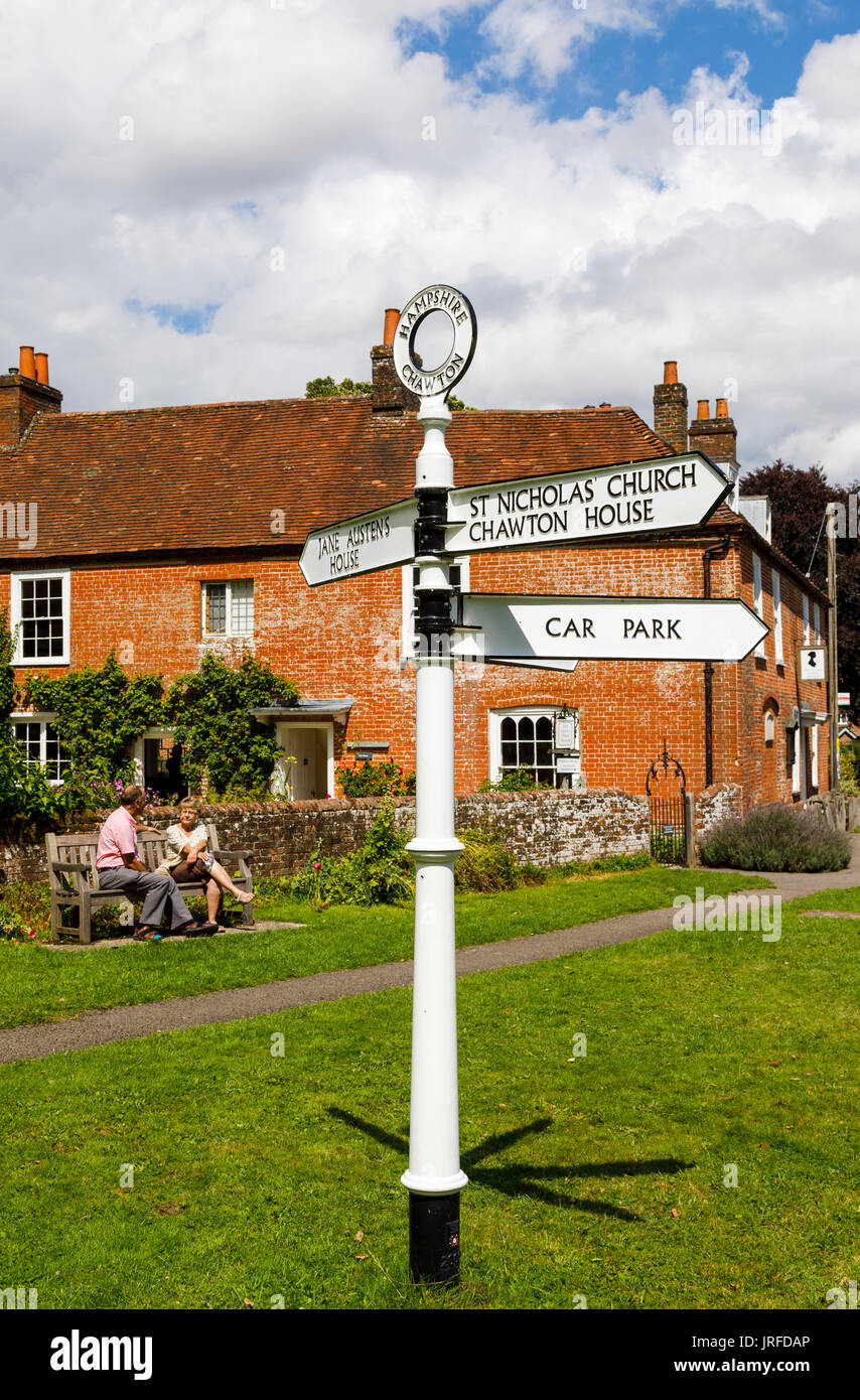 Traditional old-fashioned signpost in front of Jane Austen's House ...