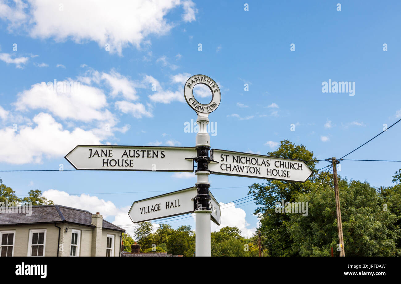 Traditional old-fashioned signpost in front of Jane Austen's House ...