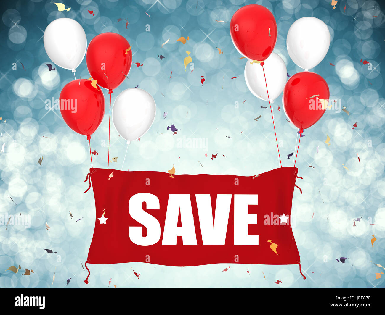 3d rendering save banner with red cloth banner, red balloons and ...
