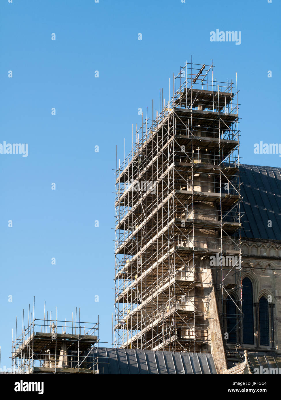 Scaffolding to restoration work to Salisbury Anglican medieval gothic ...