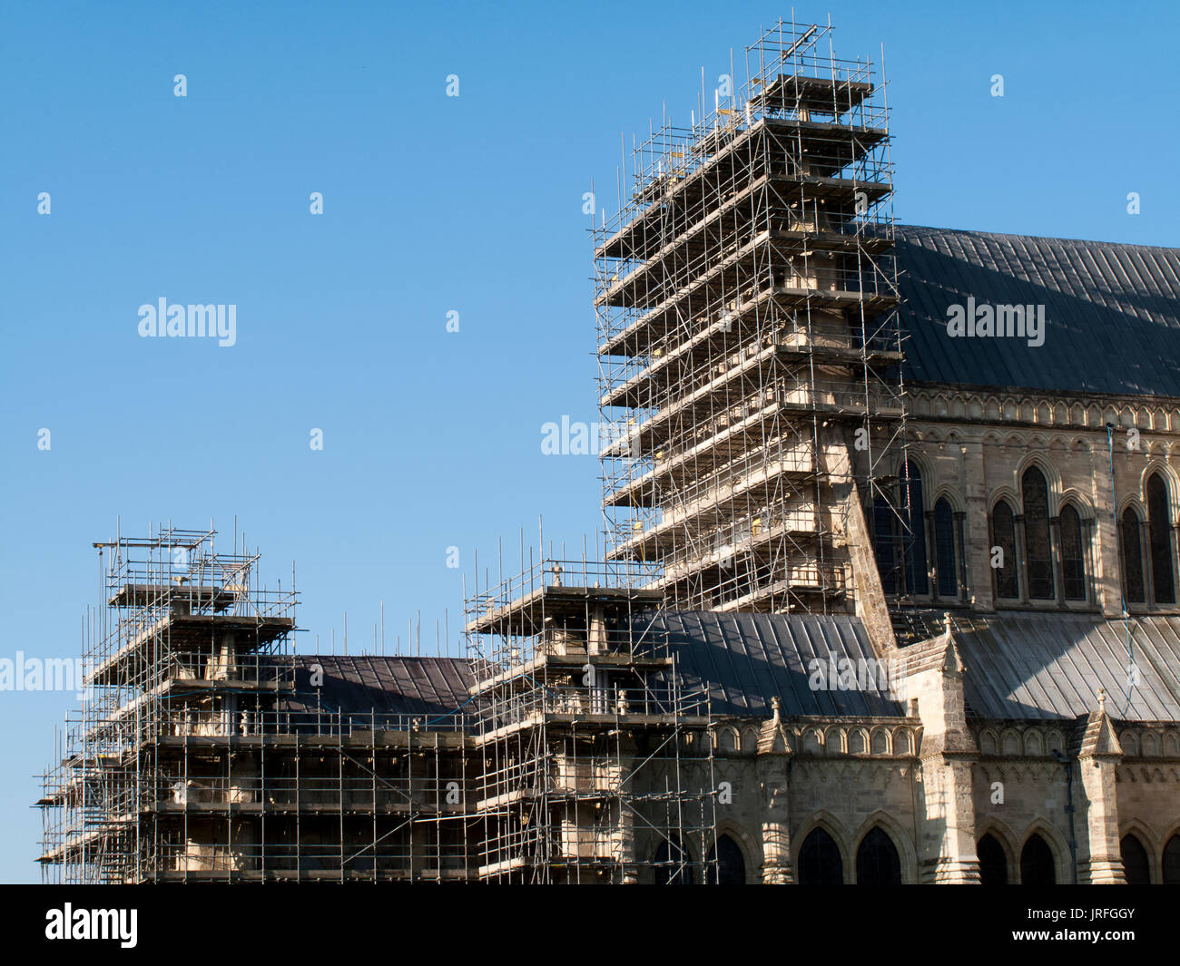 Scaffolding to restoration work to Salisbury Anglican medieval gothic ...