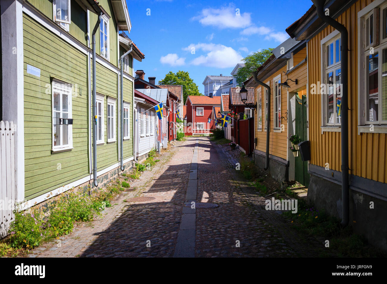 The view along a street in a traditional Swedish Town Stock Photo - Alamy