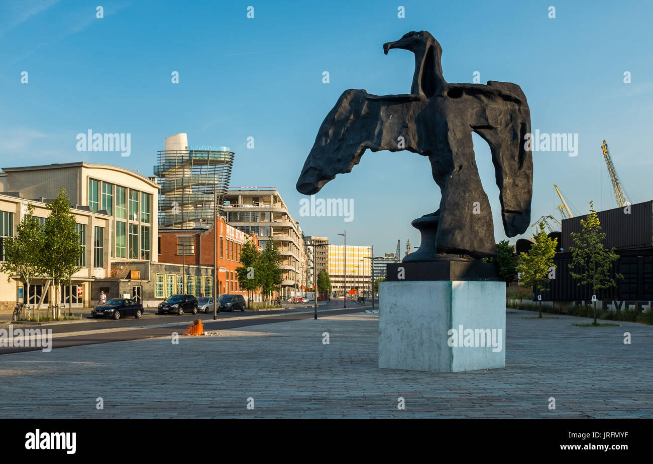 Statue of a great cormorant by artist Johan Creten in the Antwerp area ...