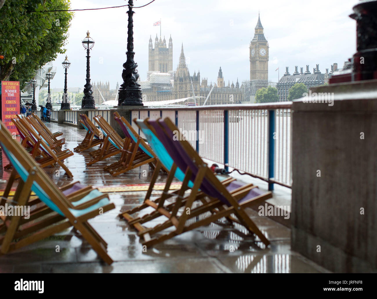 Empty deck during a downpour at the Southbank, London, as the wet ...