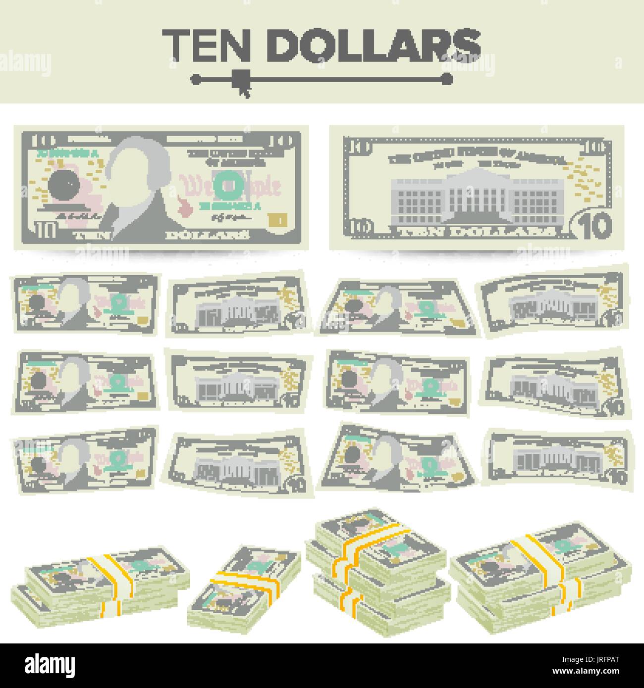 10 Dollars Banknote Vector. Cartoon US Currency. Two Sides Of Ten ...