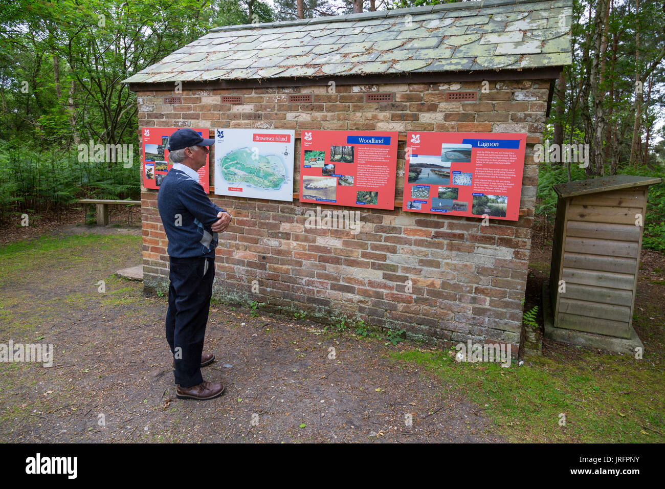 A collection of information boards on Brownsea Island in Poole Harbour ...