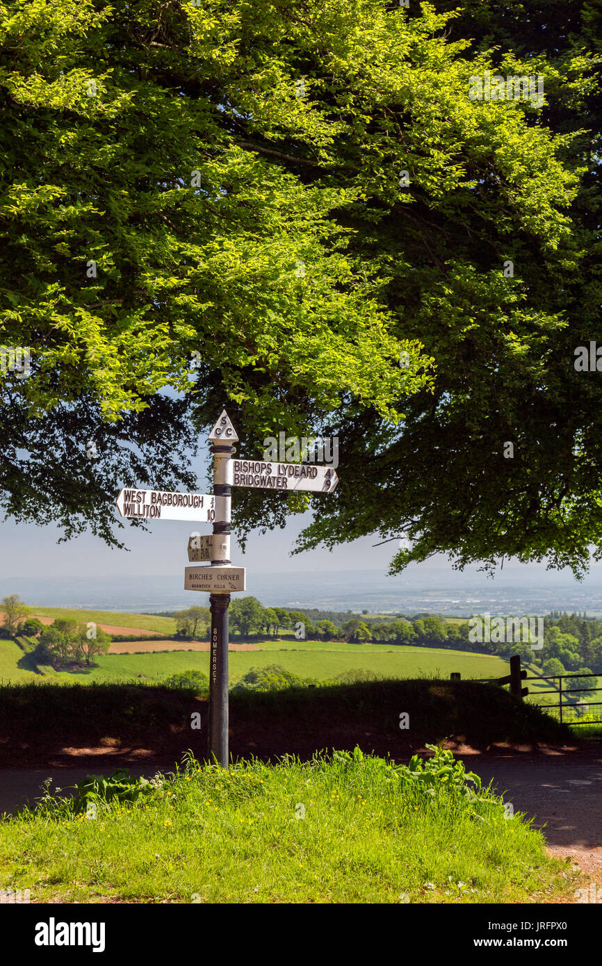 A vintage cast iron road sign at Birches Corner on the Quantock Hills ...