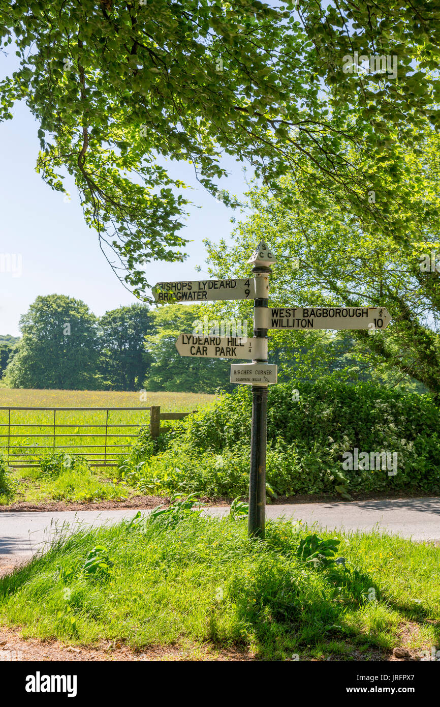A vintage cast iron road sign at Birches Corner on the Quantock Hills ...
