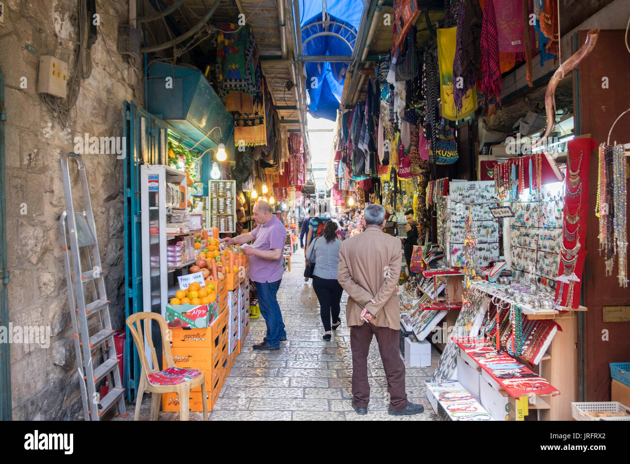 Tourist shops in the Arab Quarter of the Old City of Jerusalem with ...