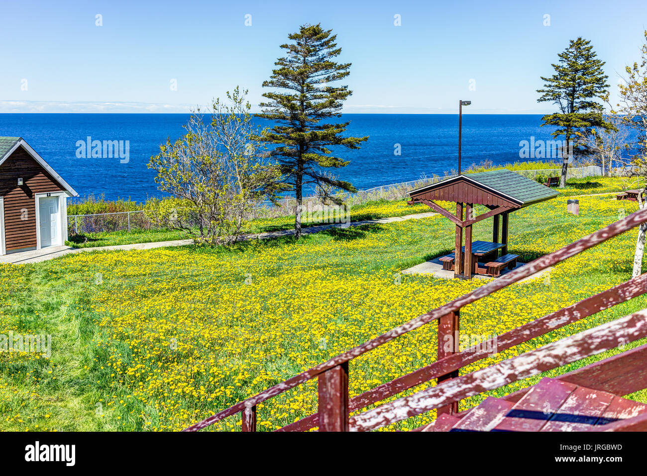 View of Saint Lawrence river with rest area in the Gaspe Peninsula ...