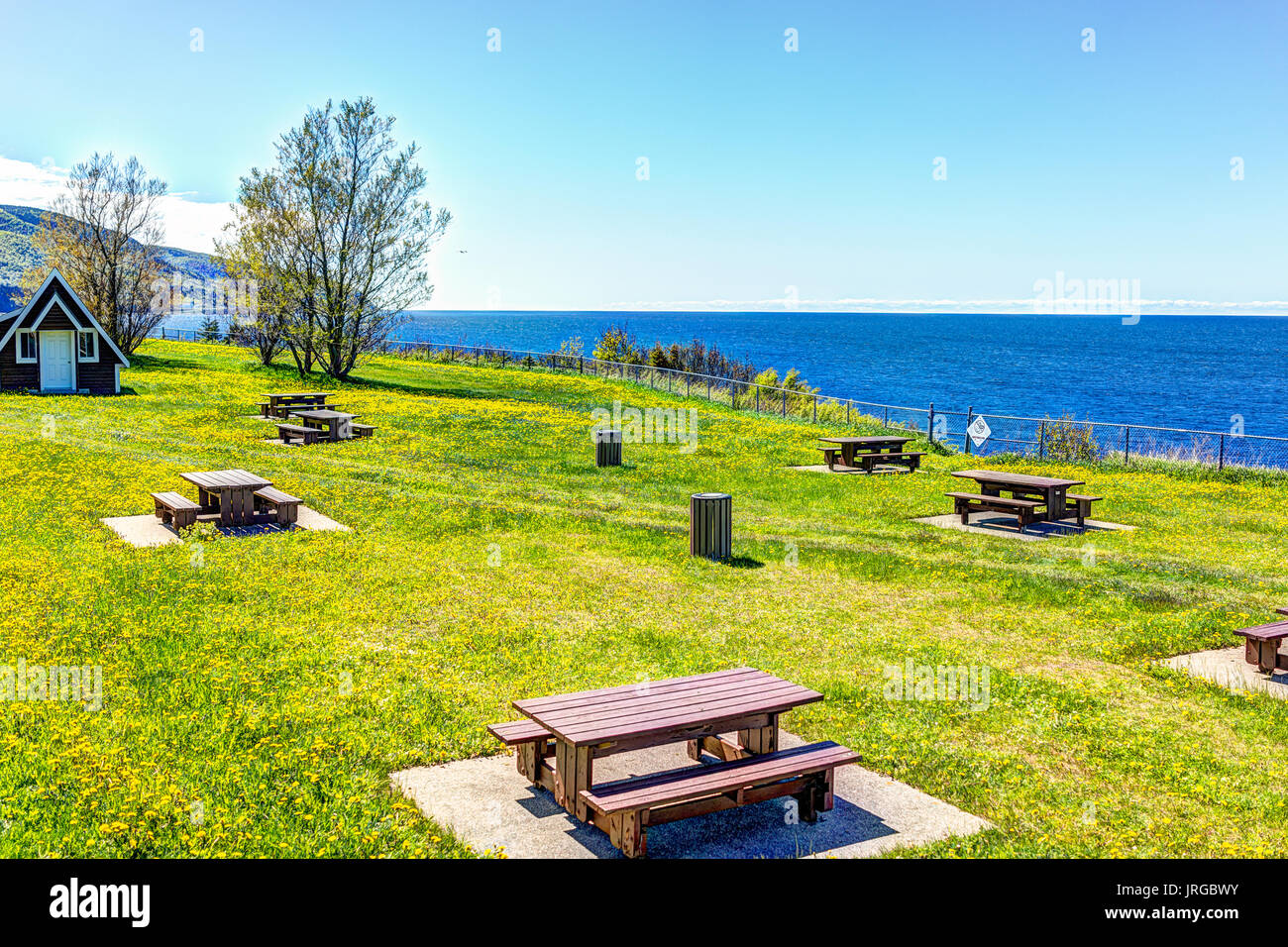 View of Saint Lawrence river with rest area in the Gaspe Peninsula ...