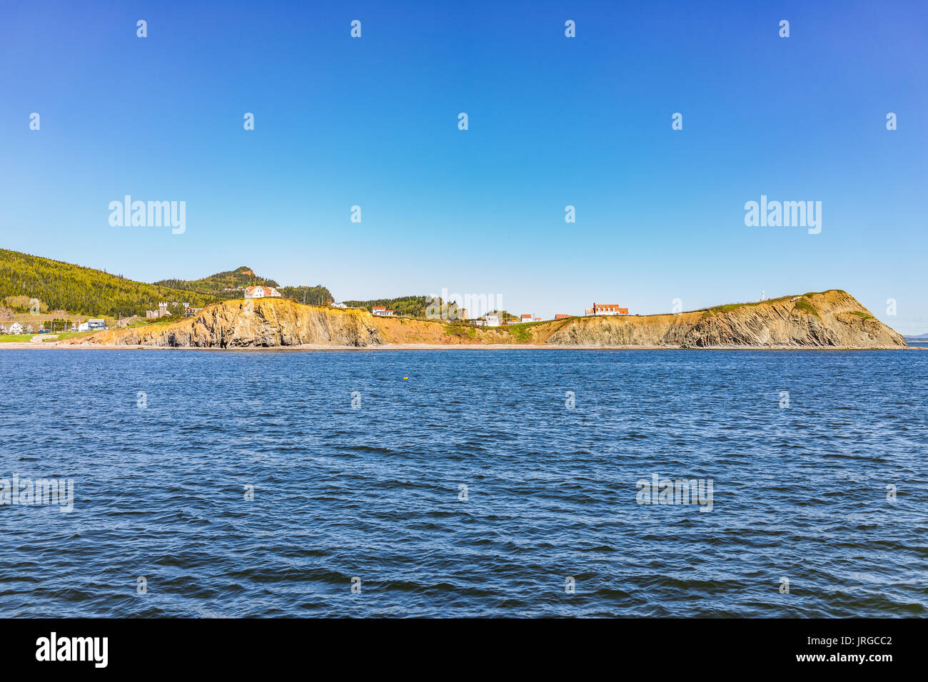 Panorama cityscape of Perce in Gaspe Peninsula, Quebec, Gaspesie region ...