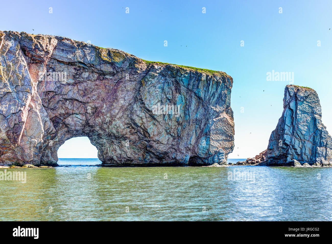 Closeup of Rocher Perce rock in Gaspe Peninsula, Quebec, Gaspesie ...