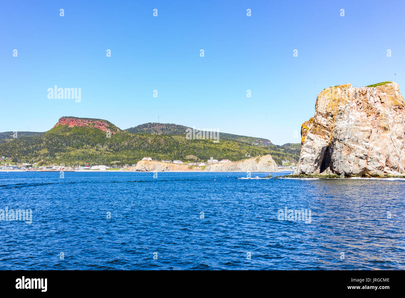 Panorama cityscape of Perce in Gaspe Peninsula, Quebec, Gaspesie region ...
