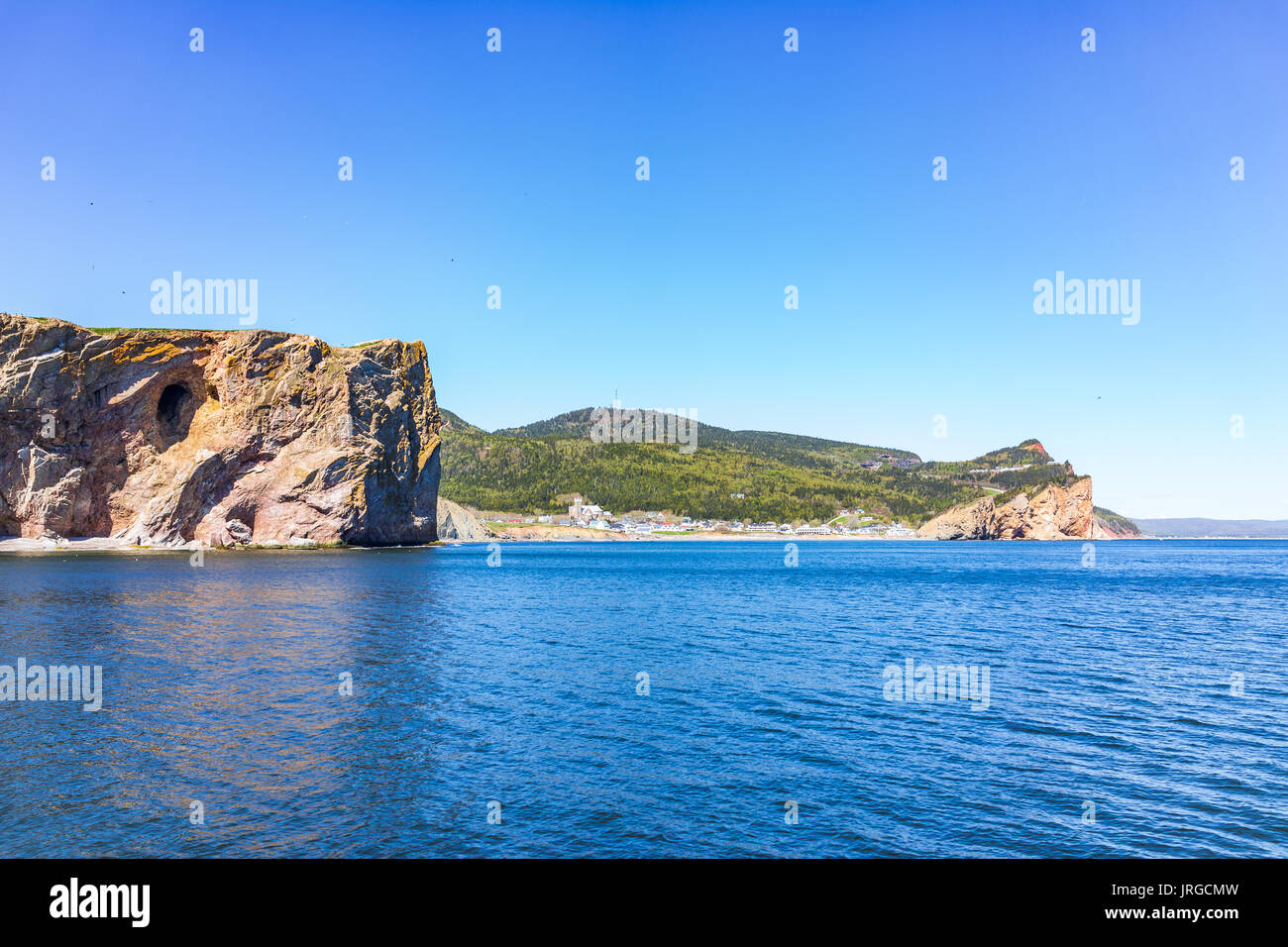 Panorama cityscape of Perce in Gaspe Peninsula, Quebec, Gaspesie region ...