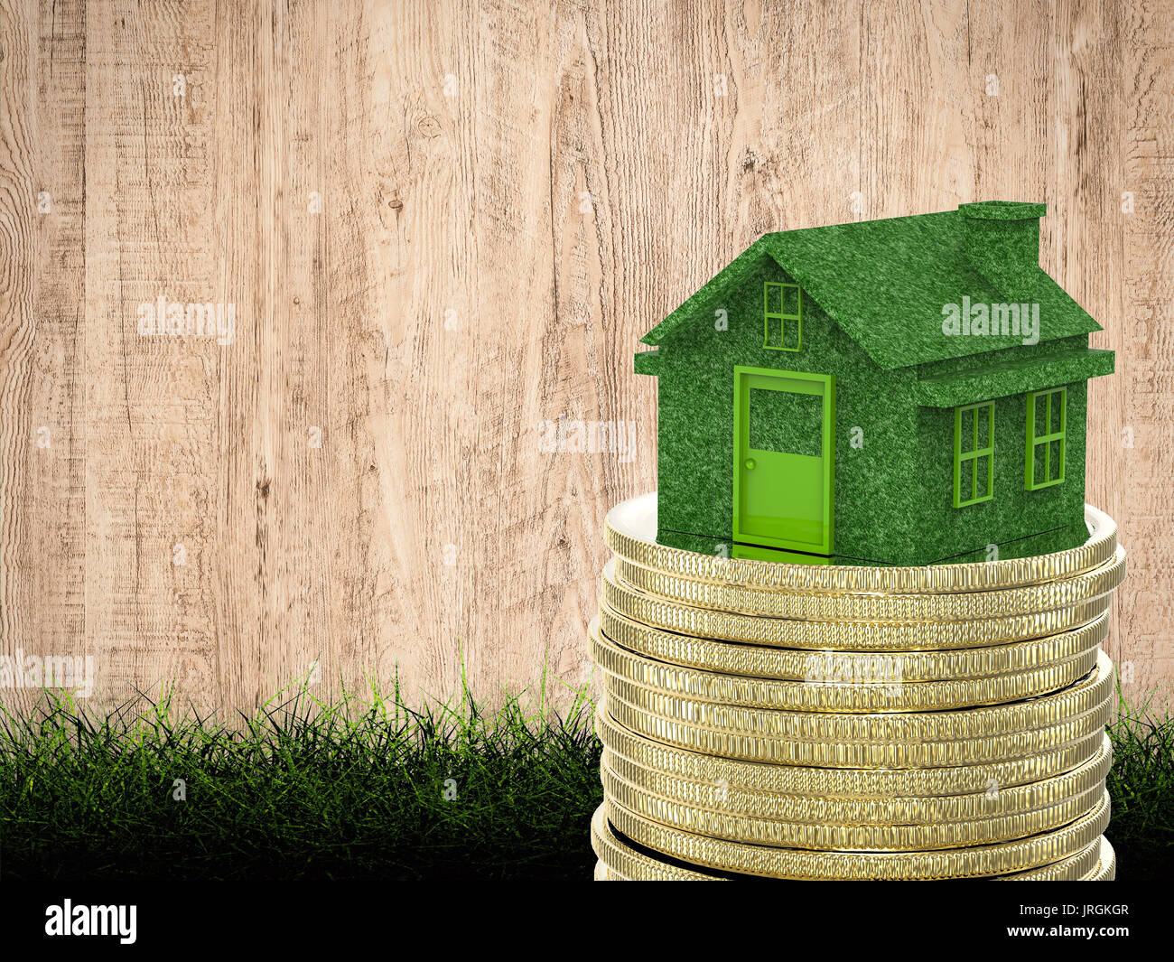 real estate investment with green house and stack of gold coins Stock ...