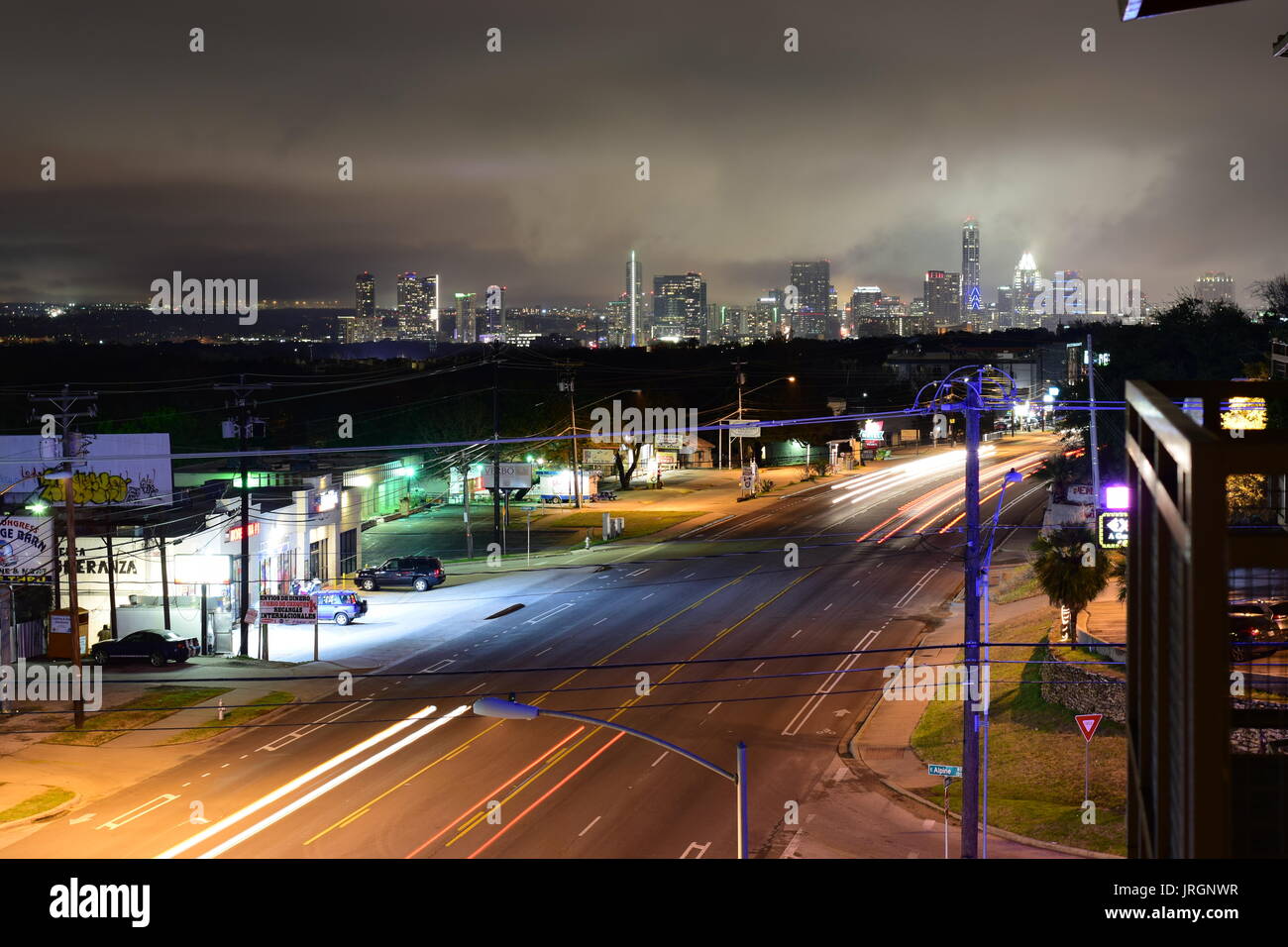 Austin, TX Skyline from South Congress Ave on a stormy and cloudy night ...