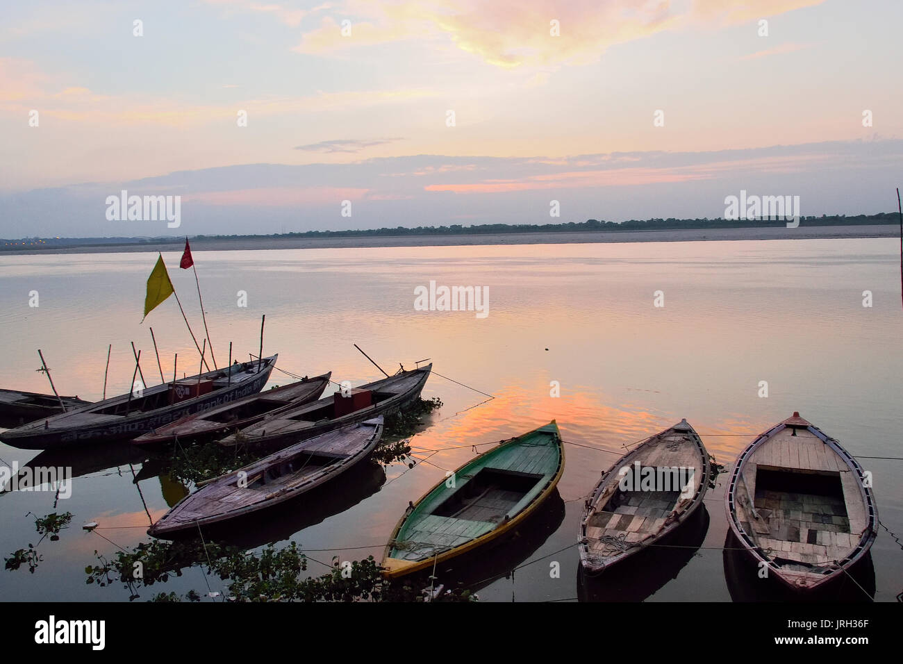 Landscape of Ganges river ghats at Varanasi, India. Varanasi is one of ...