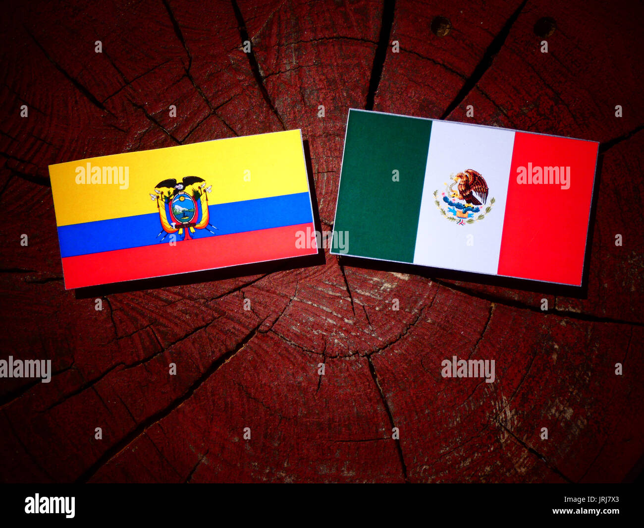 Ecuador flag with Mexican flag on a tree stump isolated Stock Photo - Alamy