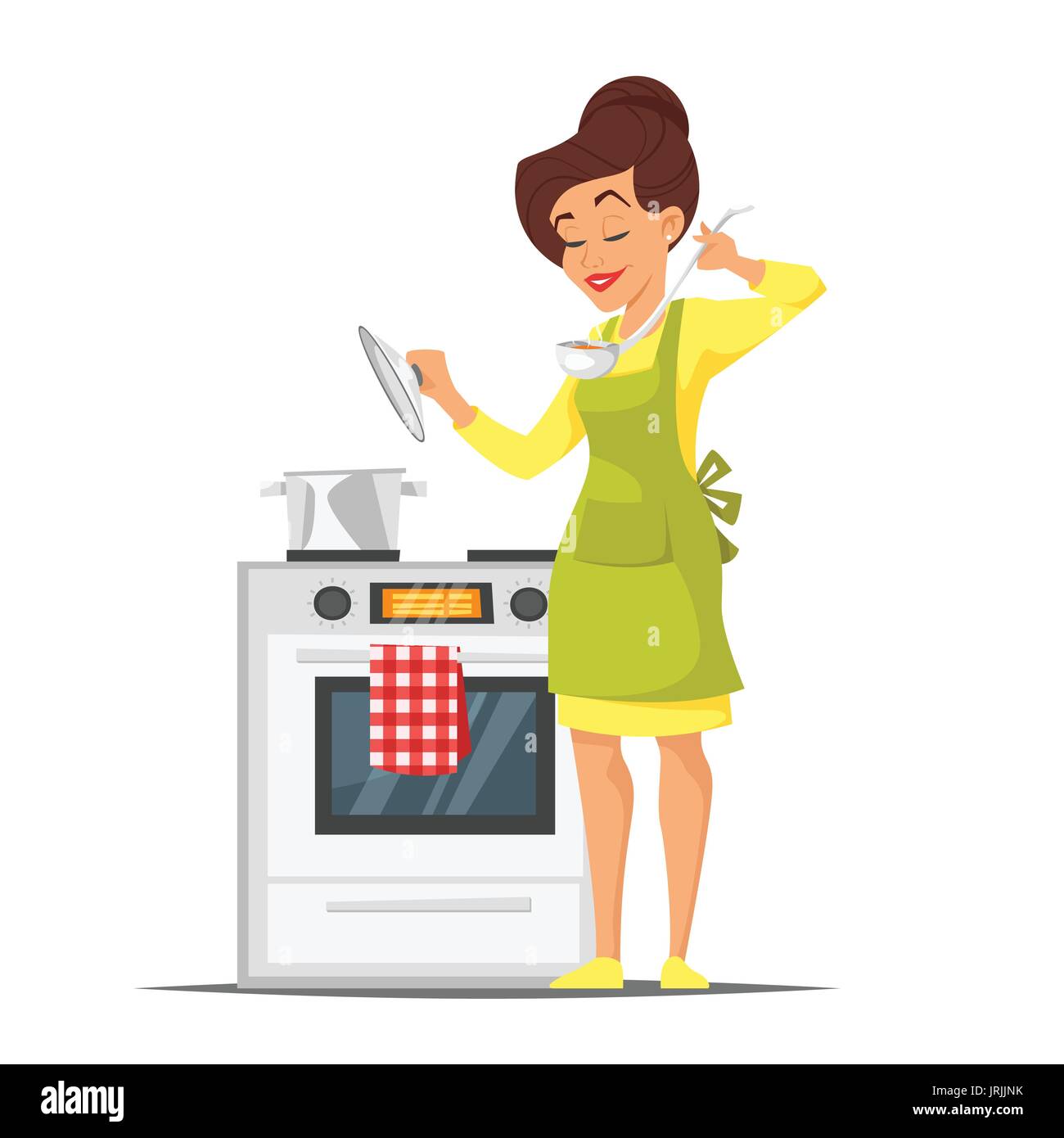 Vector cartoon style illustration of happy housewife trying the dish ...