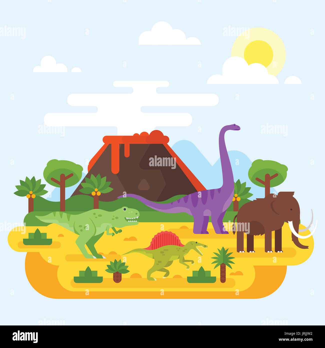 Vector flat style illustration of prehistoric landscape mountains and ...