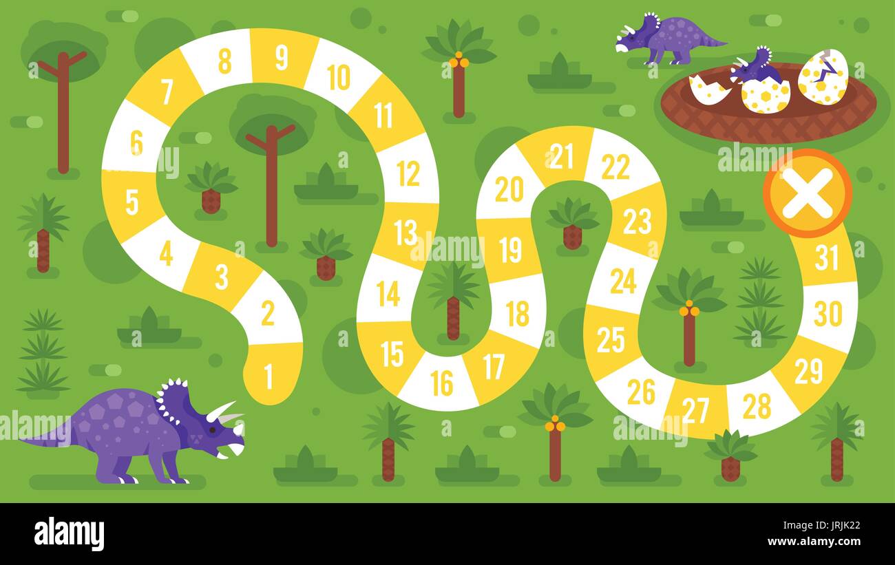 Vector flat style illustration of kids board game with dinosaurs ...
