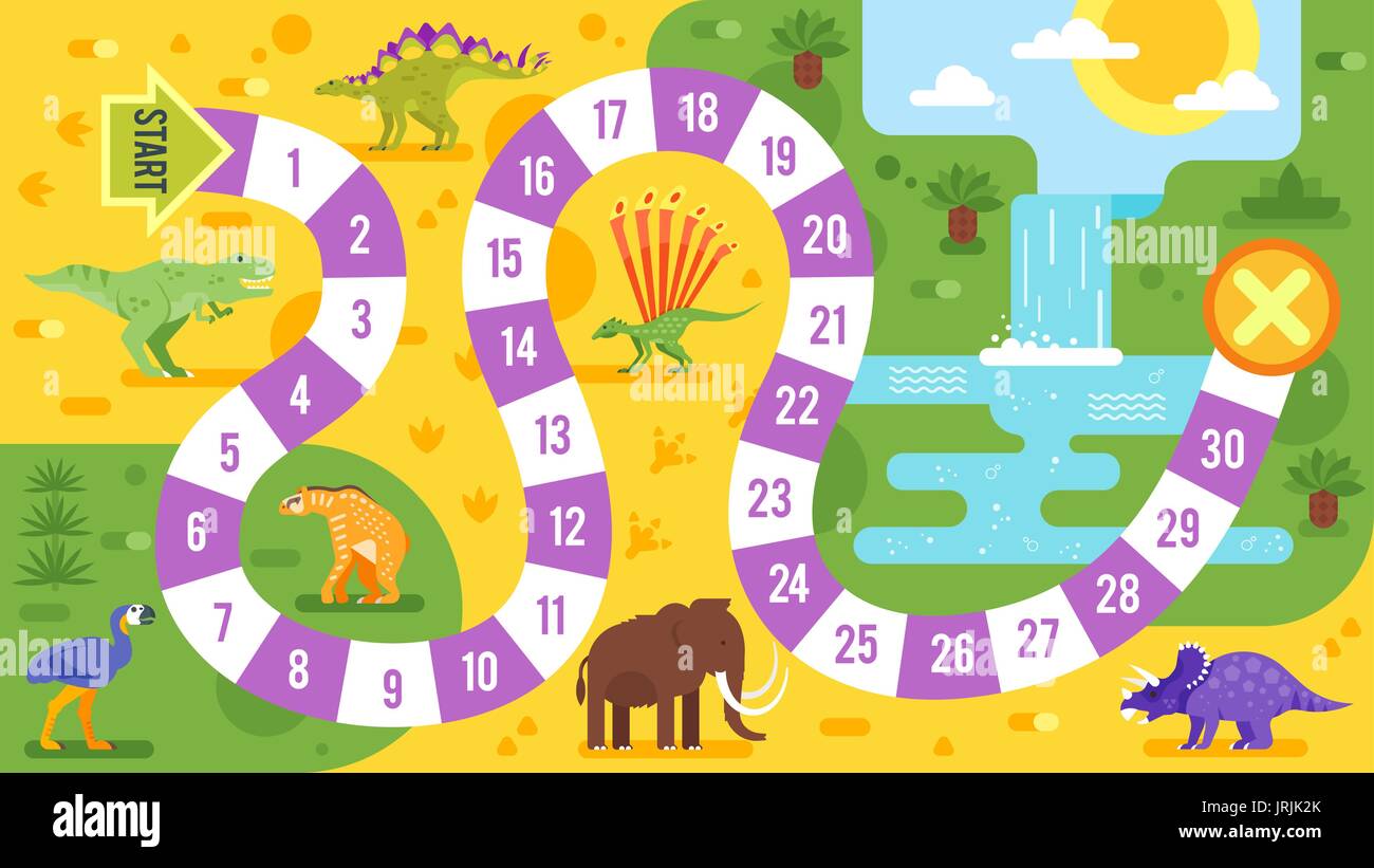 Vector flat style illustration of kids board game with dinosaurs ...