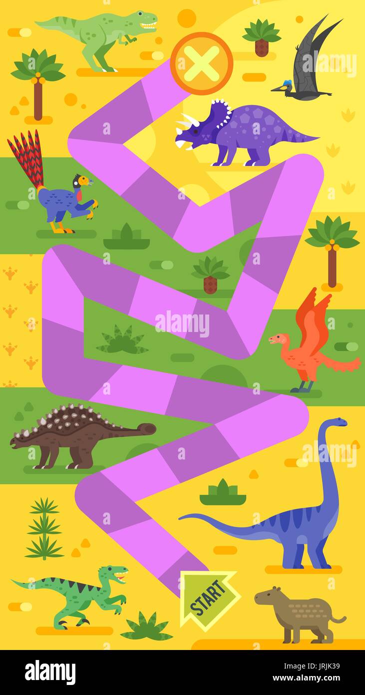 Vector flat style illustration of kids board game with dinosaurs ...