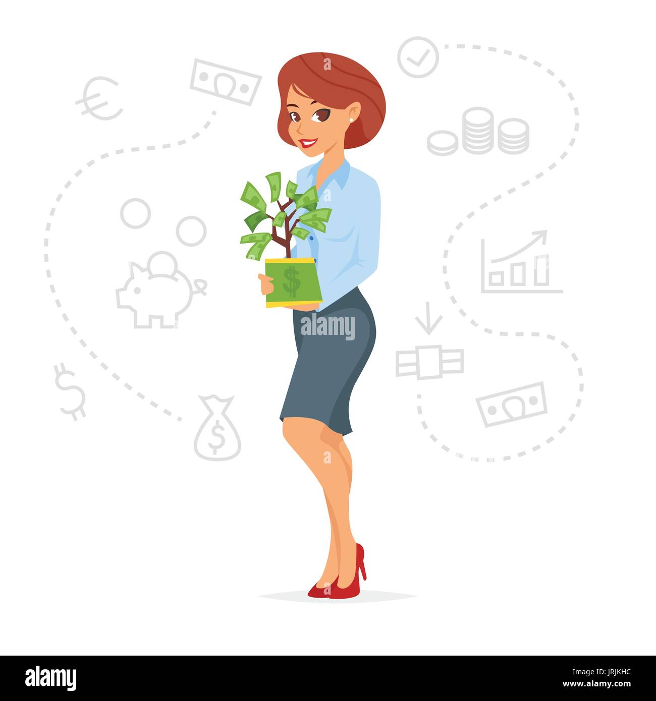 Vector cartoon style illustration of pretty businesswoman holding money ...