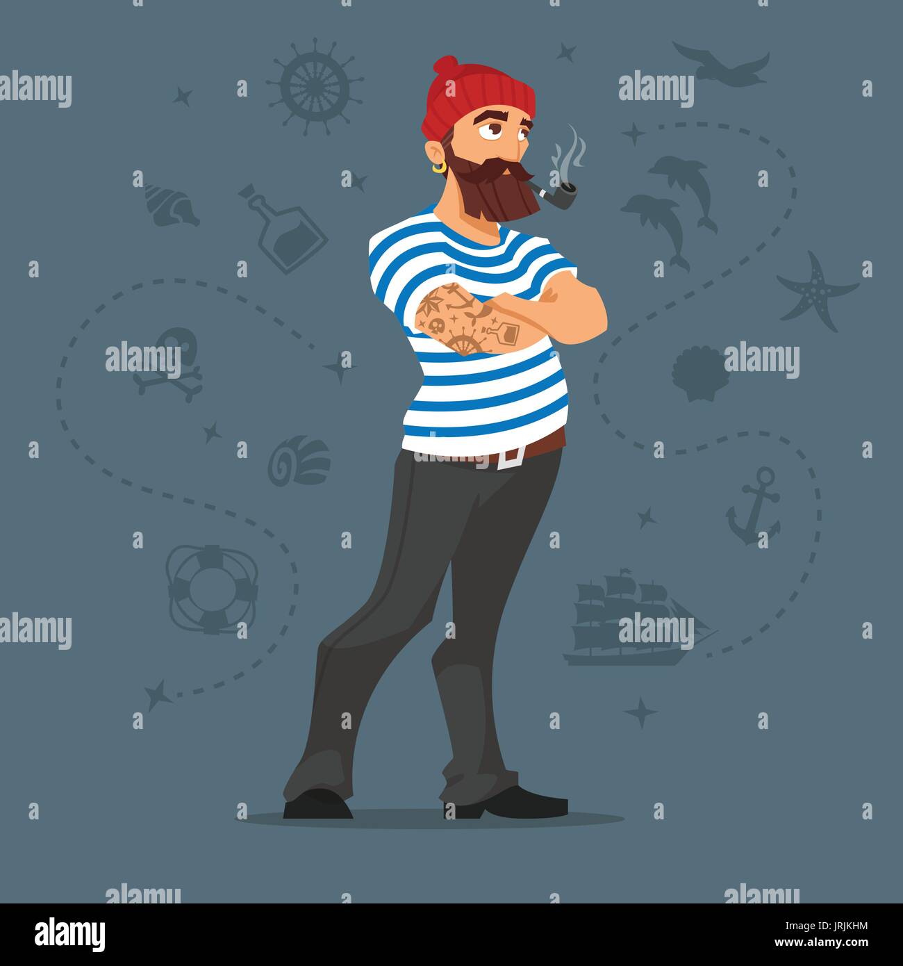 Vector cartoon style illustration of bearded sailor smoking pipe. Sea ...