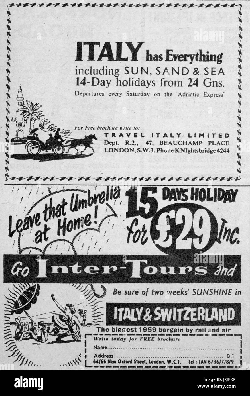 Holiday in Italy advert January 1959 Stock Photo - Alamy