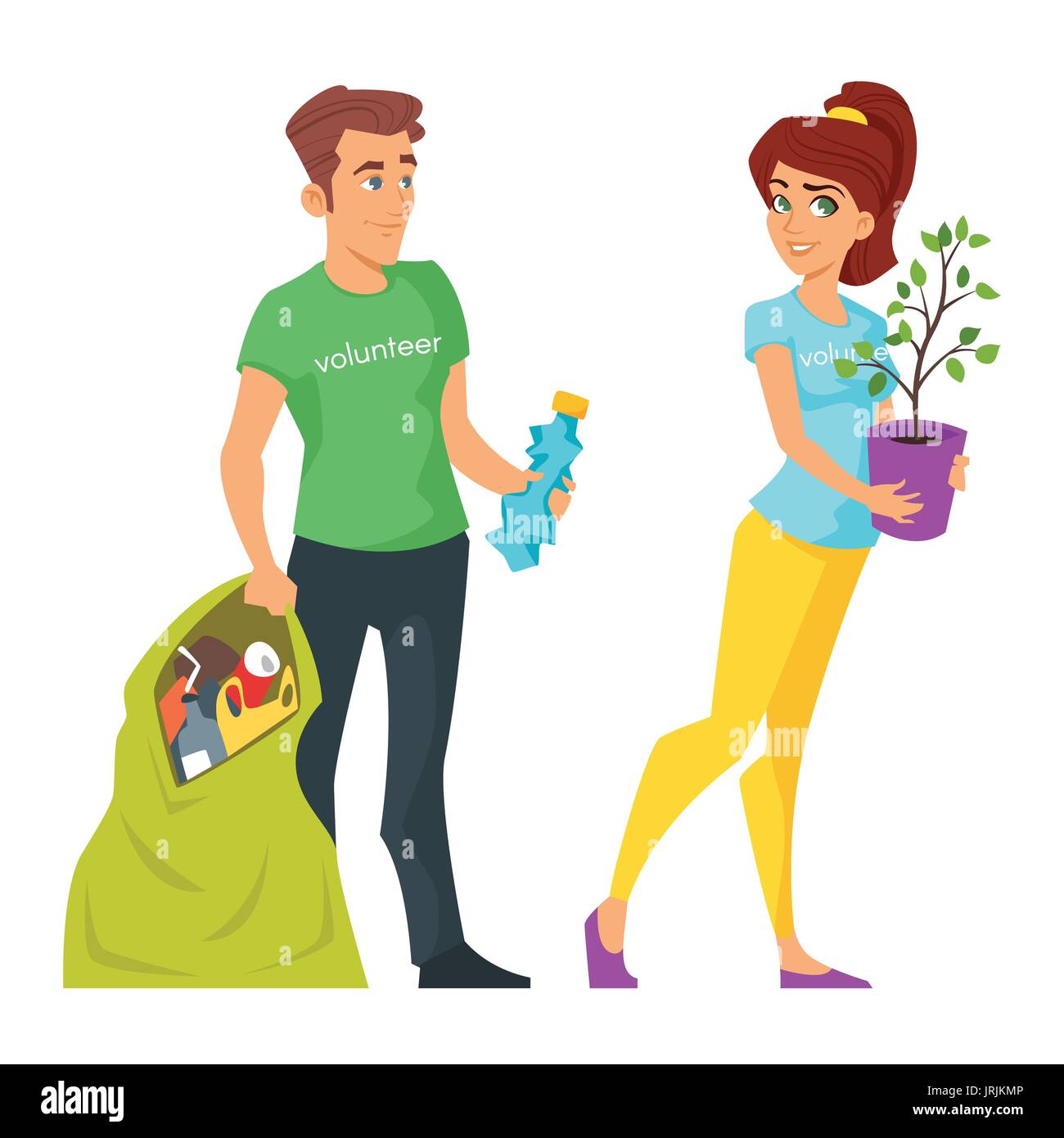 Vector cartoon style illustration of two characters volunteers man and ...