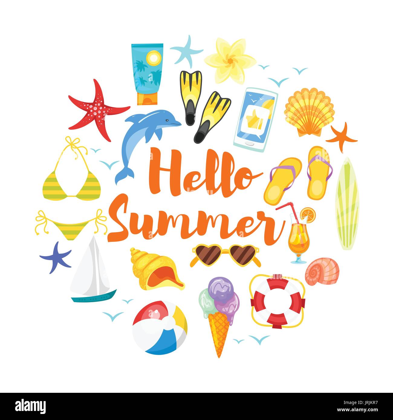 Vector cartoon style round composition with colorful beach elements ...