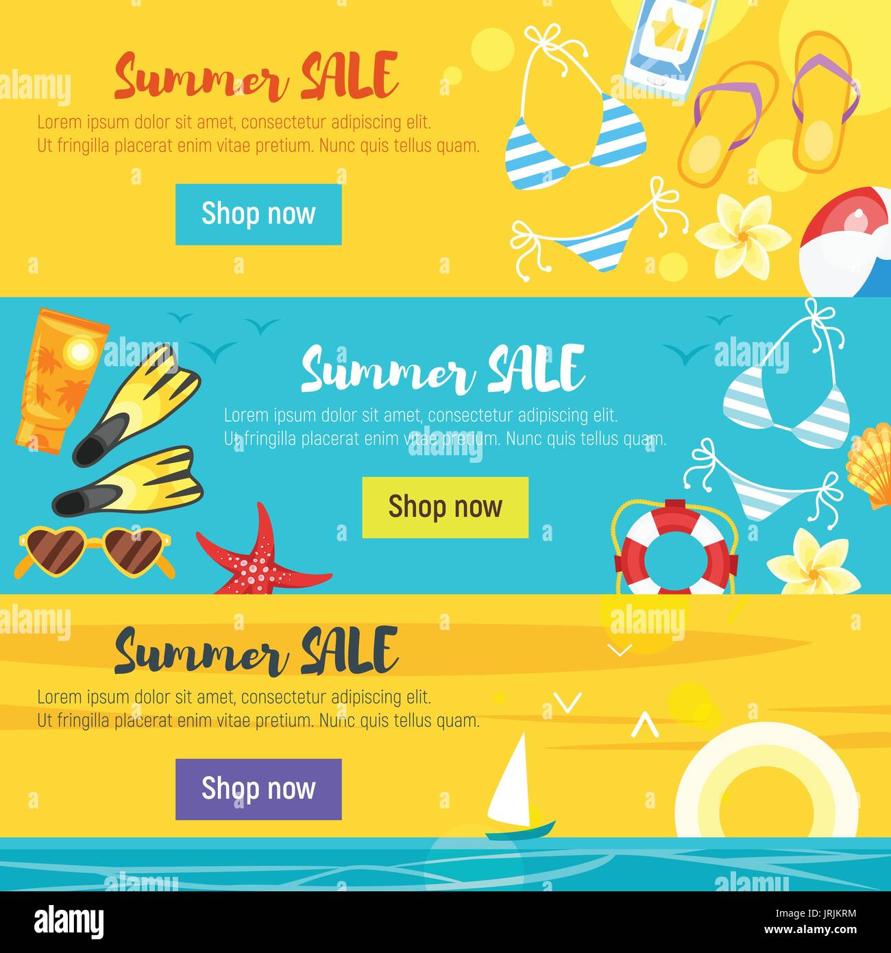 Vector cartoon style web banner template design with colorful beach ...