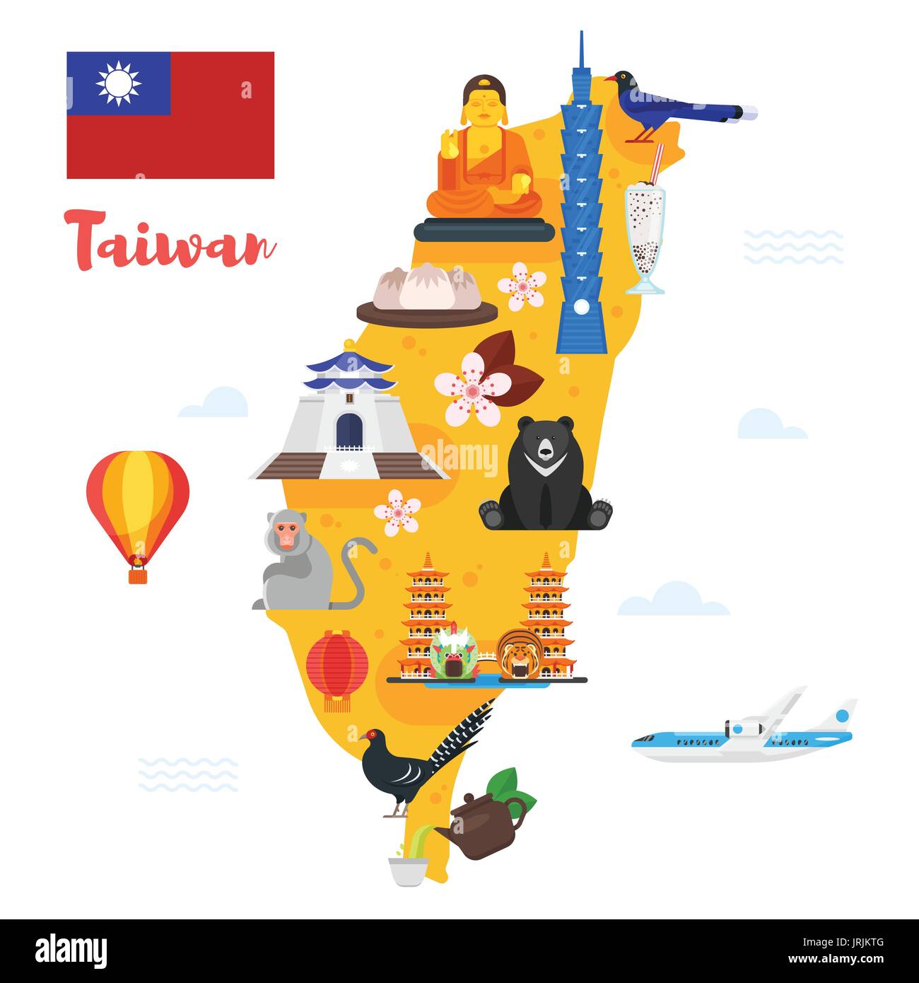 Vector flat style illustration of Taiwan map with cultural symbols ...