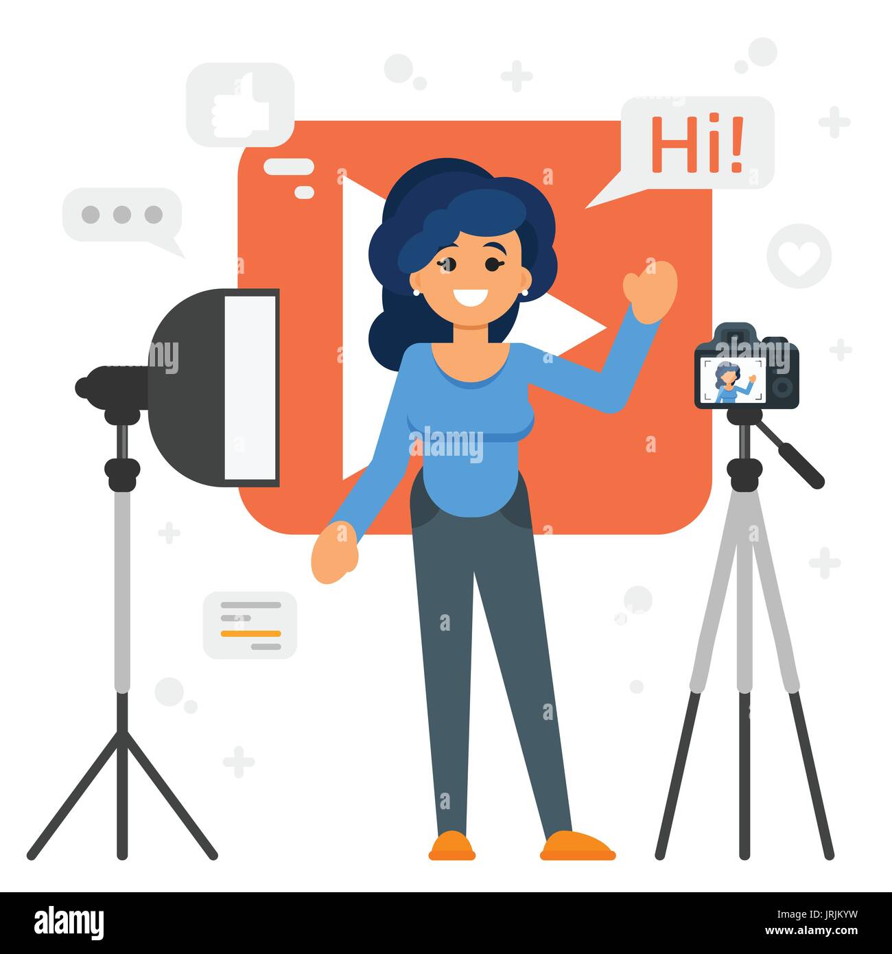 Vector flat style illustration of happy blogger girl. Handsome woman ...