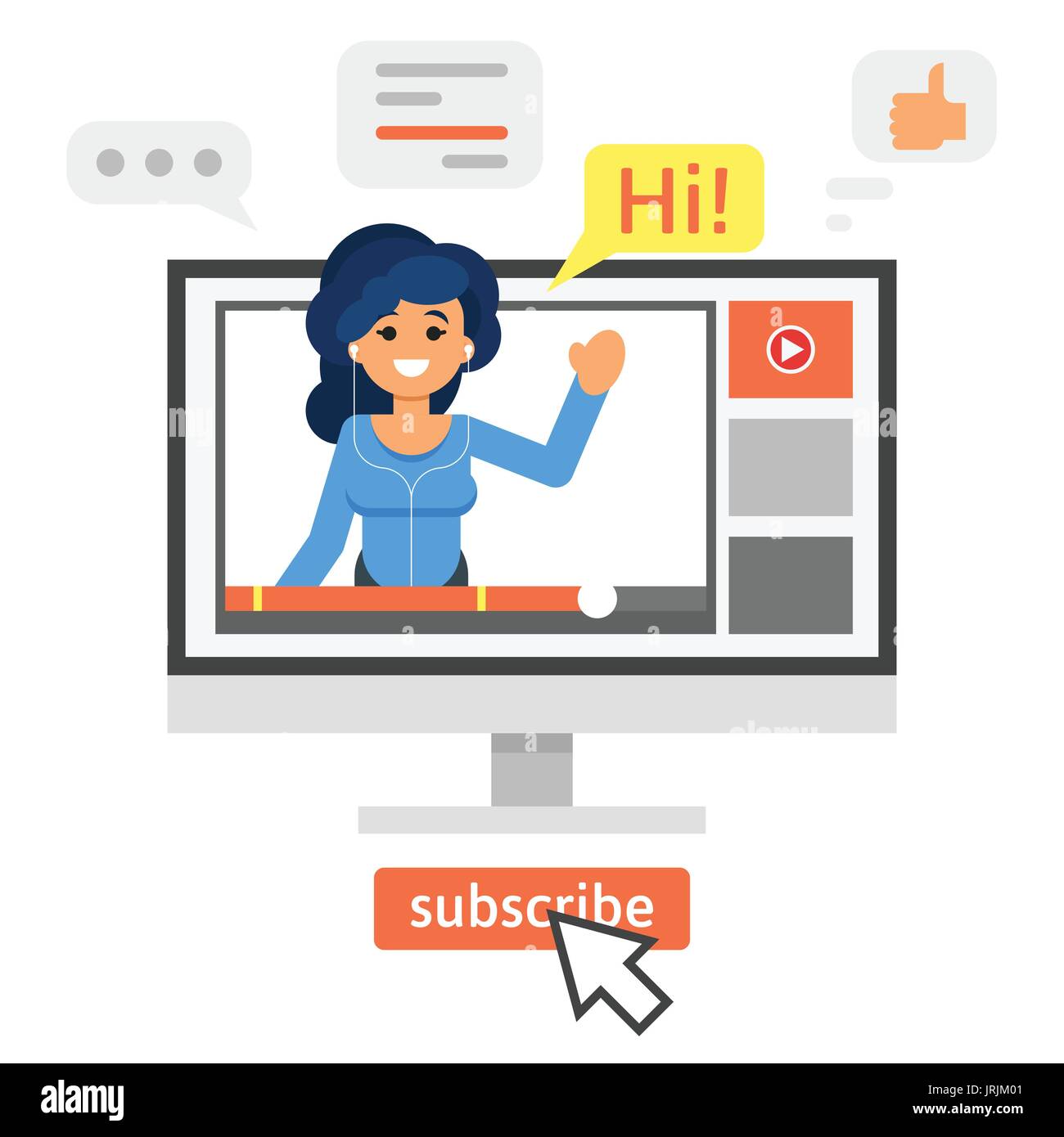 Vector flat style illustration of happy blogger girl. Vlog concept ...