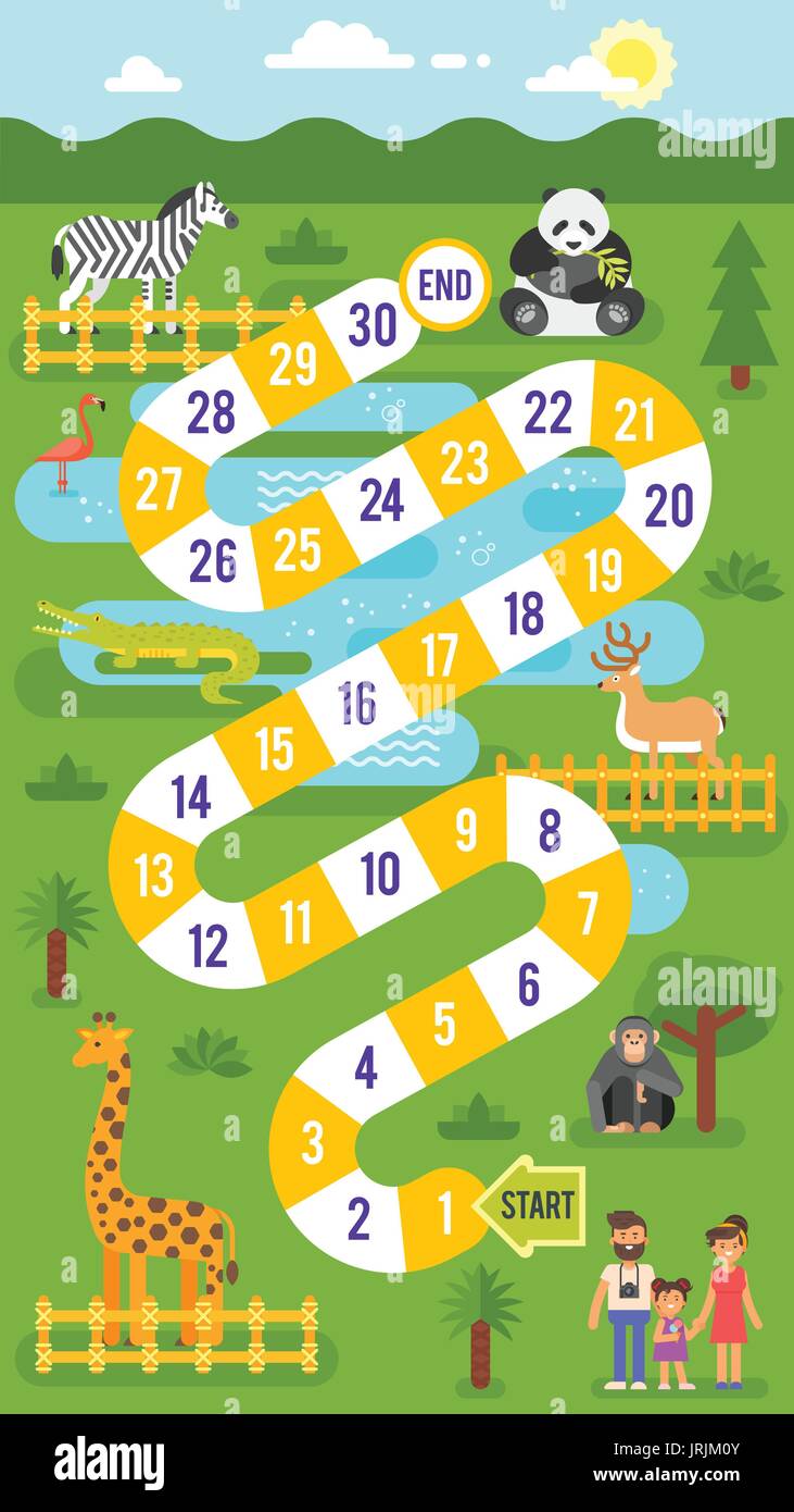 Vector flat style illustration of kids zoo animals board game template ...
