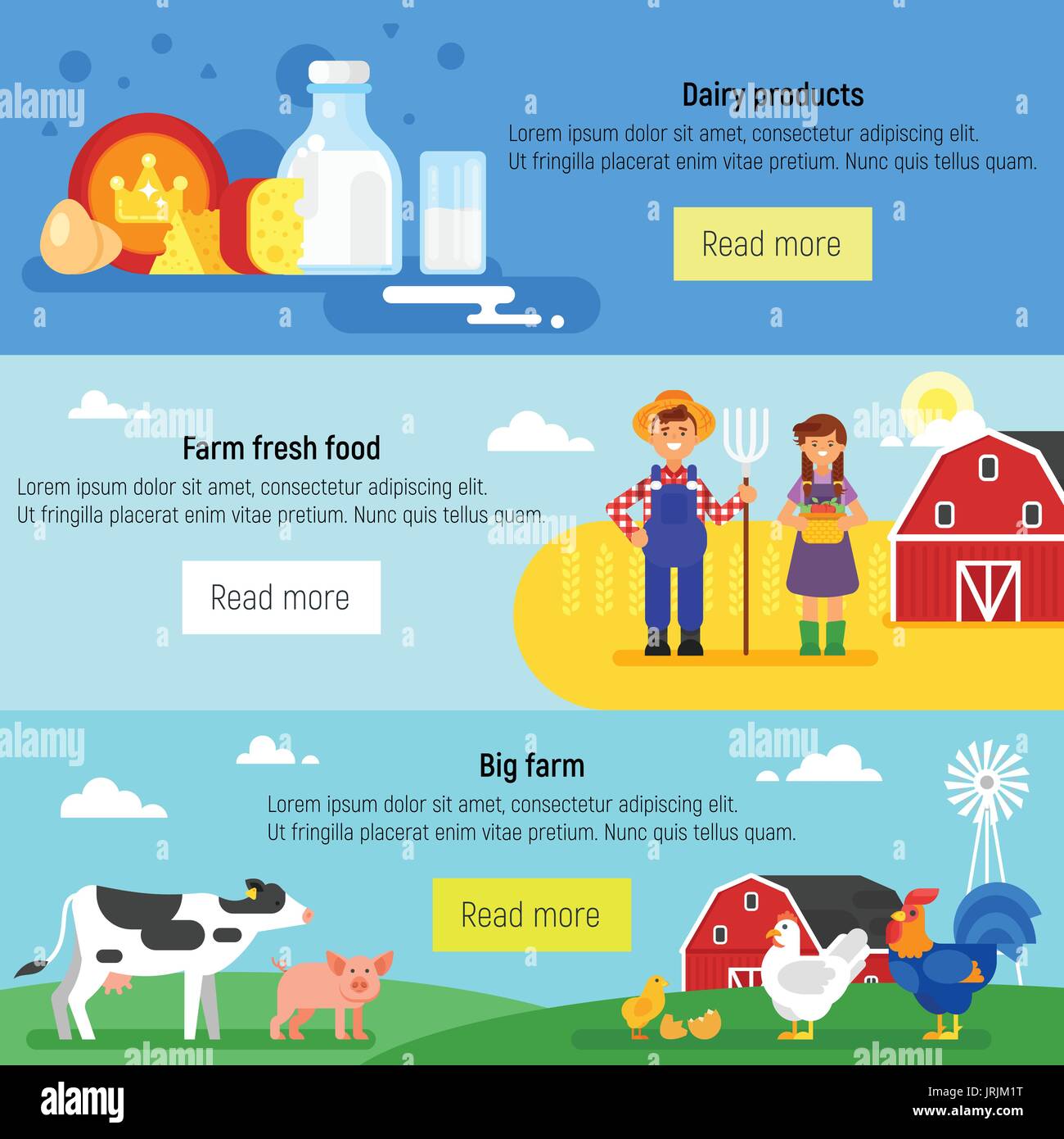 Vector flat style template for web banner. Farm, farmers, farm animals ...