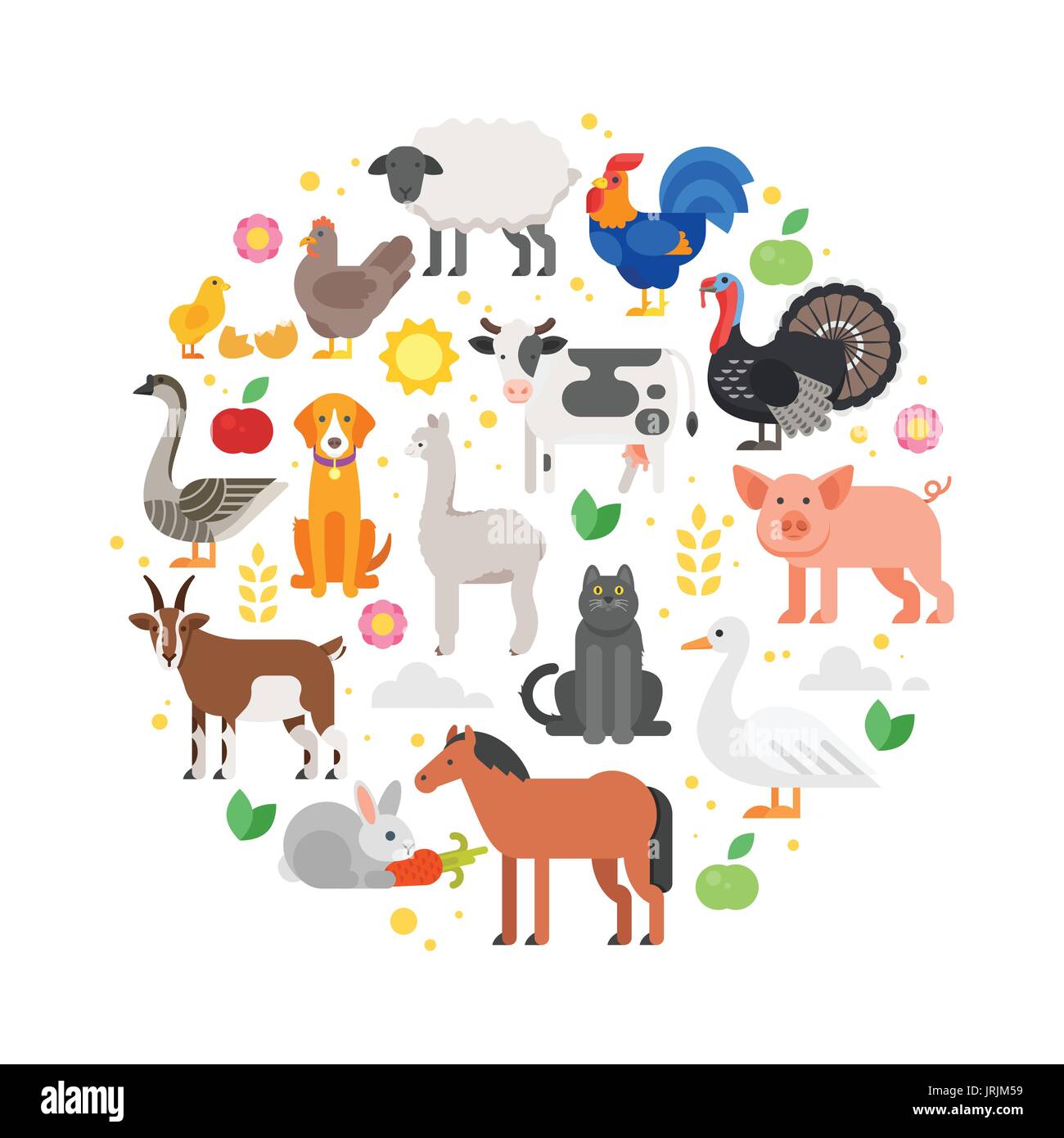 Vector flat style round composition of farm animals icons. Isolated on ...
