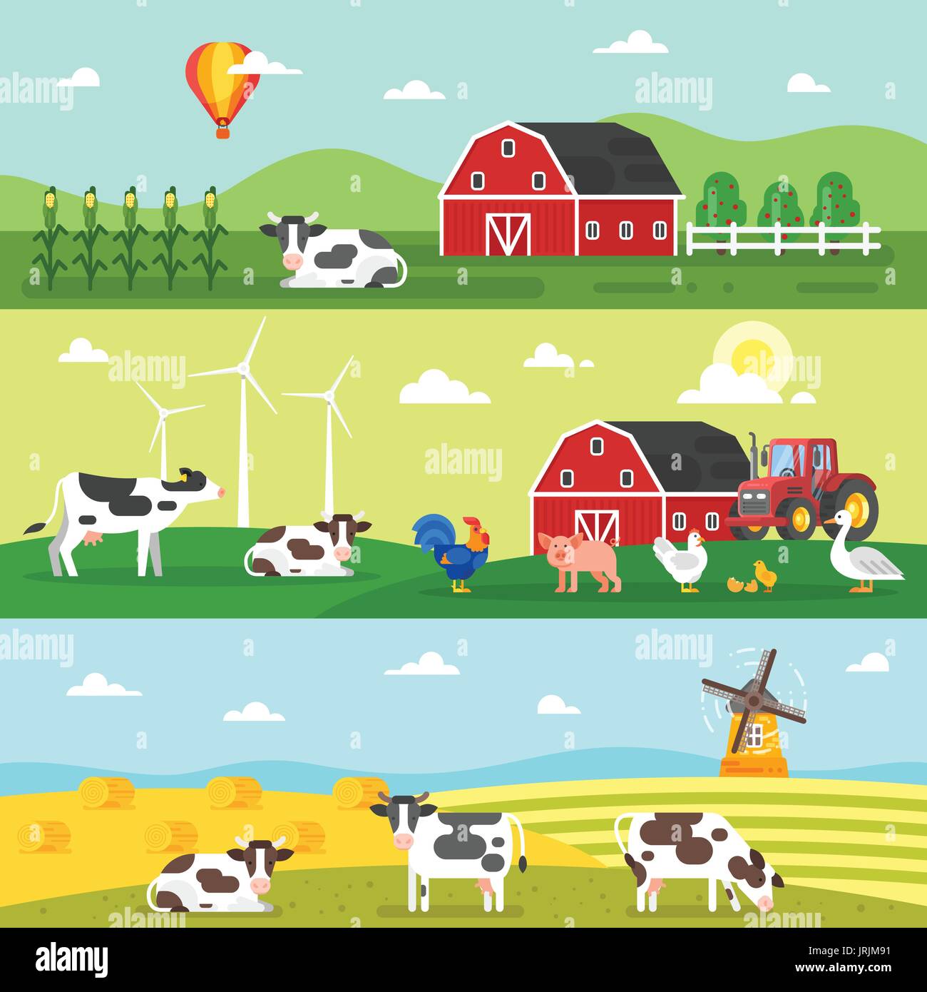 Vector flat style template for web banner. Farm, farmers, farm animals ...