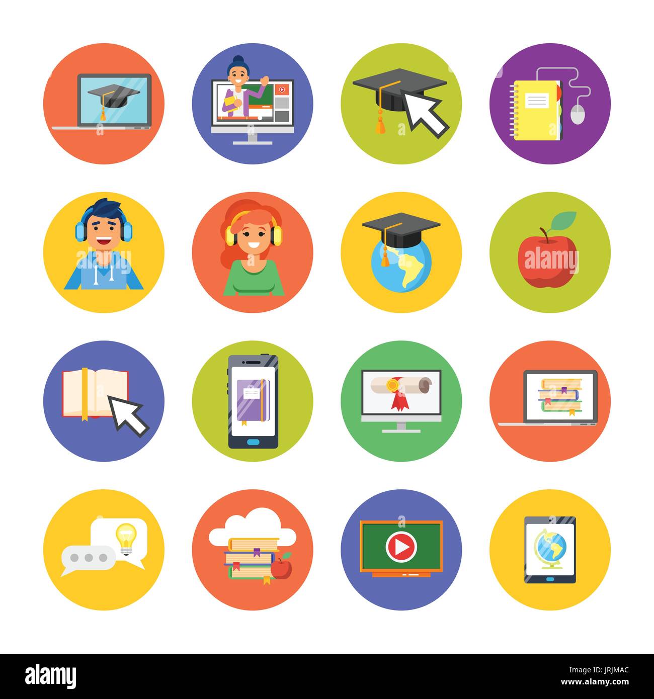 Vector flat style set of online education and e-learning icons in ...
