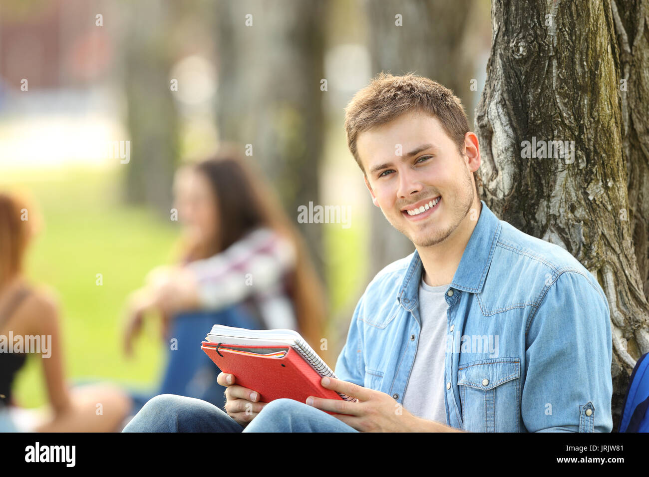 Happy student boy posing looking at you sitting on the grass in a park ...