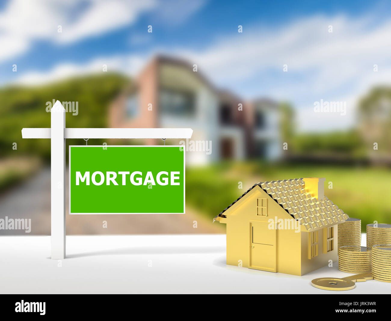 3d rendering mortgage house sign with house background Stock Photo - Alamy
