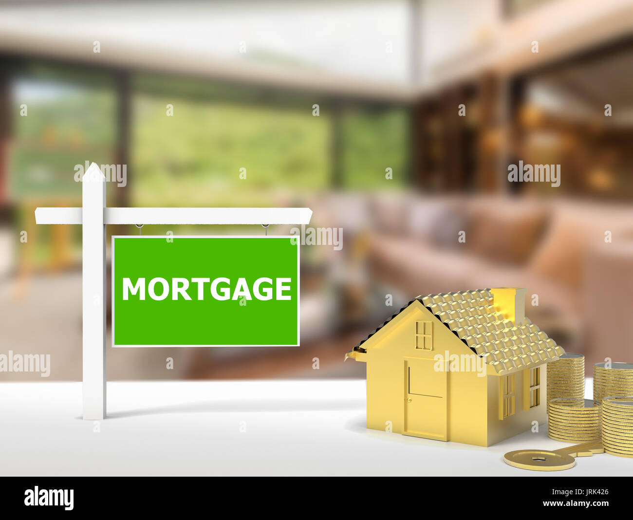 3d rendering mortgage house sign with house background Stock Photo - Alamy