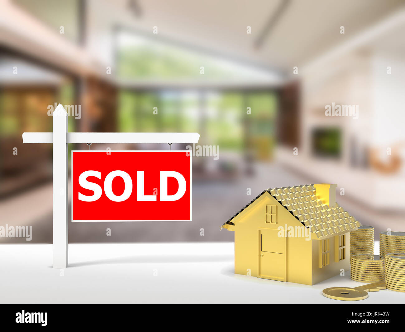 3d rendering sold house sign with gold house model Stock Photo - Alamy